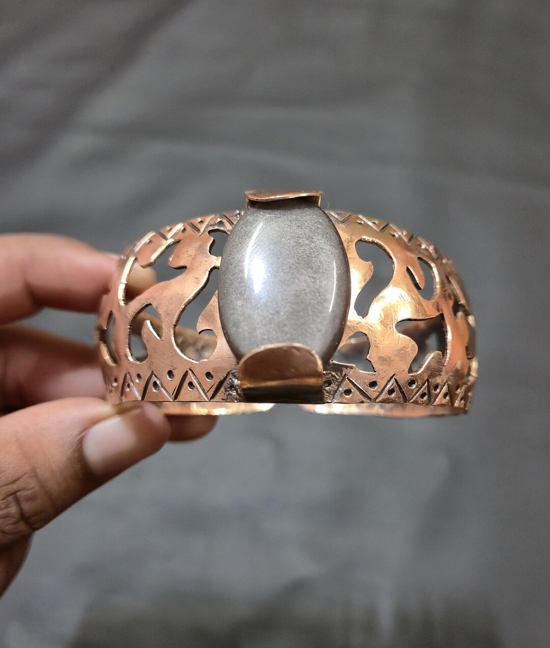 Handmade Copper Silver Sheen Obsidian Cuff Bangle - Adjustable Gemstone ...