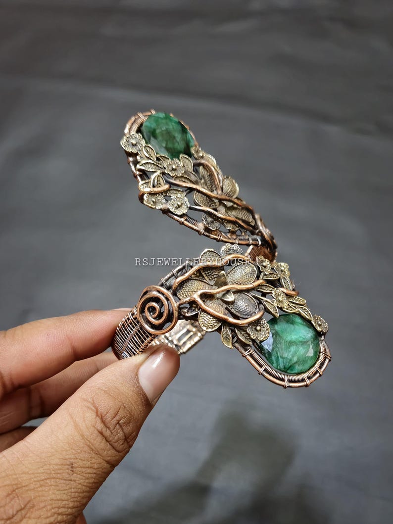 Faceted Zambian Emerald Wire Wrapped Bangle Copper Wrap Bracelet ...