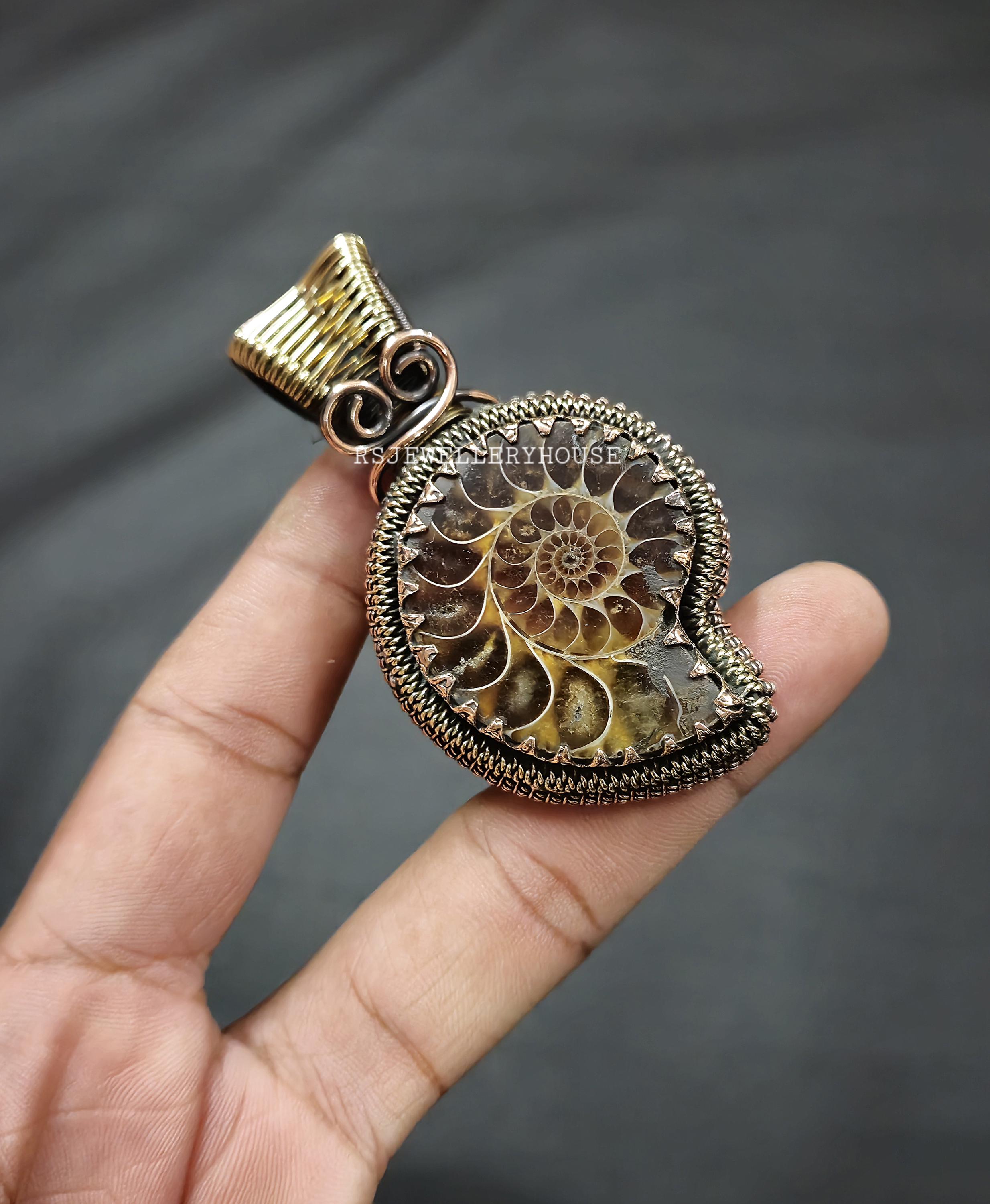 Ammonite Fossil Pendant Copper Wire Wrapped Gemstone Jewelry Copper ...