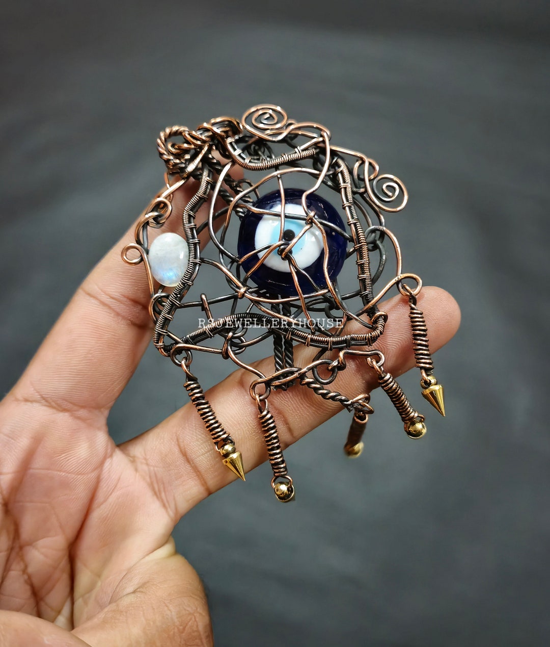 Blue Color Evil Eye Pendant Copper Wire Wrapped Gemstone Pendant ...