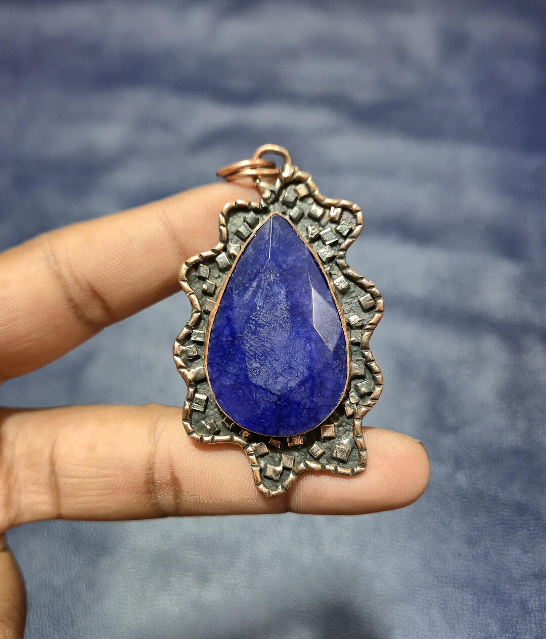 Blue Sapphire Gemstone, Pure Copper Pendant, Copper Wi9re Pendant ...