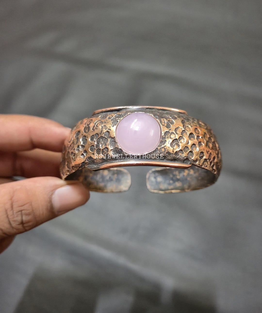 Round Stone Bangle, Pure Copper Wrap Cuff Bangle, Rose Quartz Jewelry ...