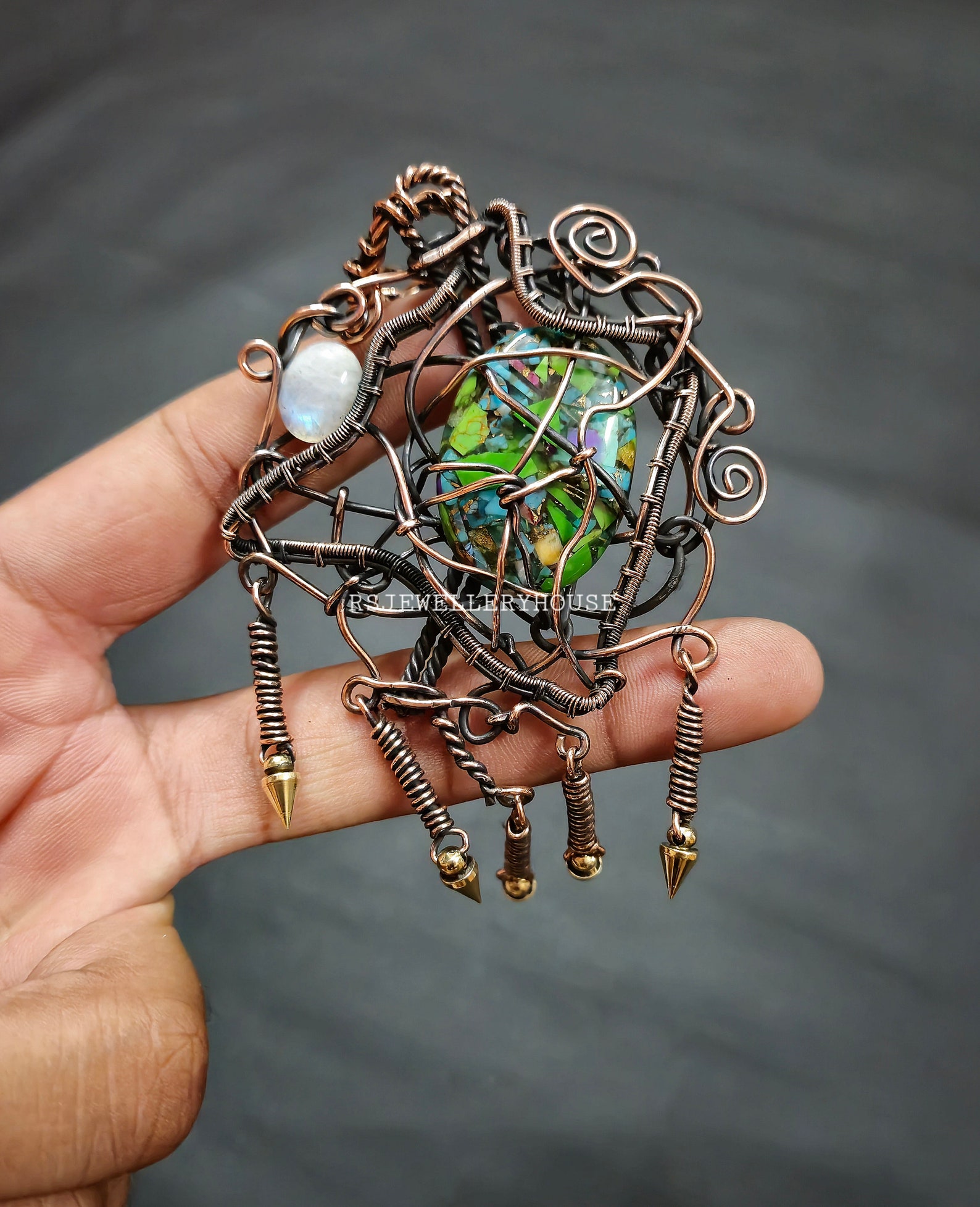 Fiesta Kingman Turquoise Pendant Rainbow Moonstone Pendant Copper Wire ...