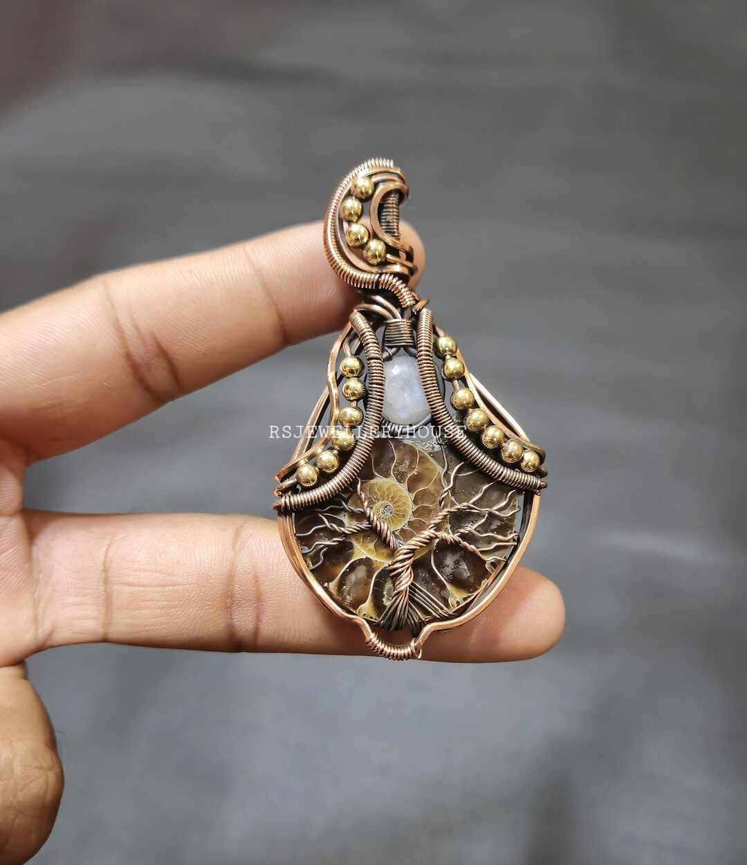 Ammonite Fossil Pendant Tree of Life Pendant Rainbow Moonstone Gemstone ...