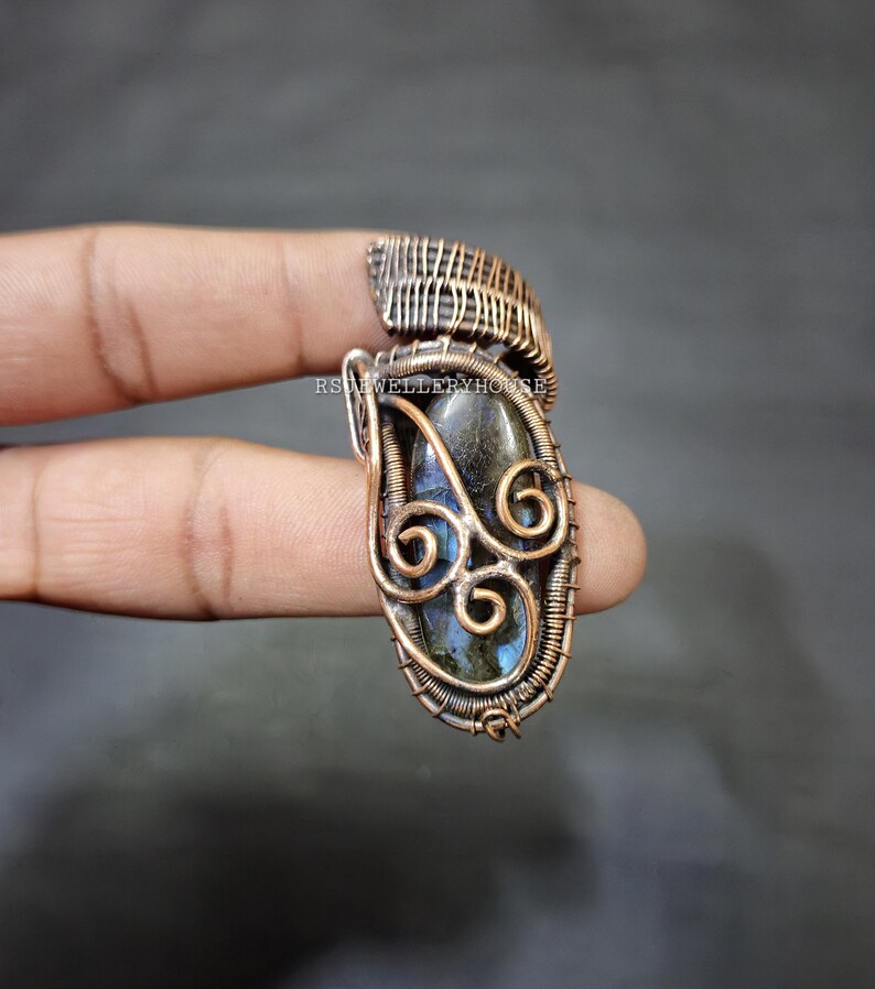 Handmade Copper Wire Wrapped Labradorite Ring, Adjustable Gemstone ...