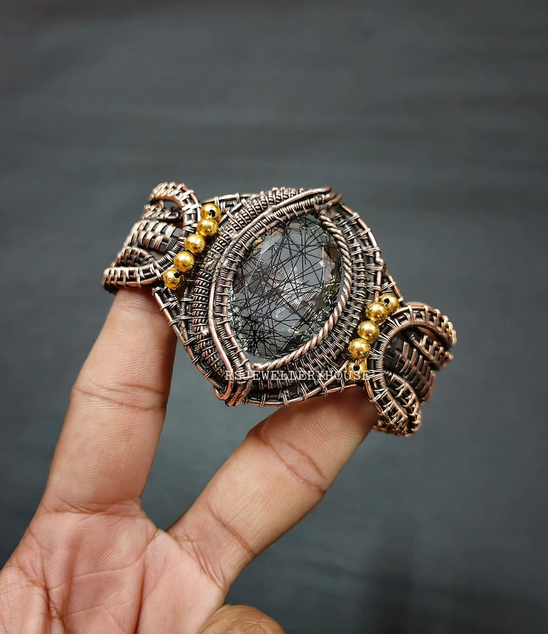 Black Rutile Quartz Wire Wrapped Bangle Copper Wrap Bracelet Adjustable Cuff Bangle Handmade ...
