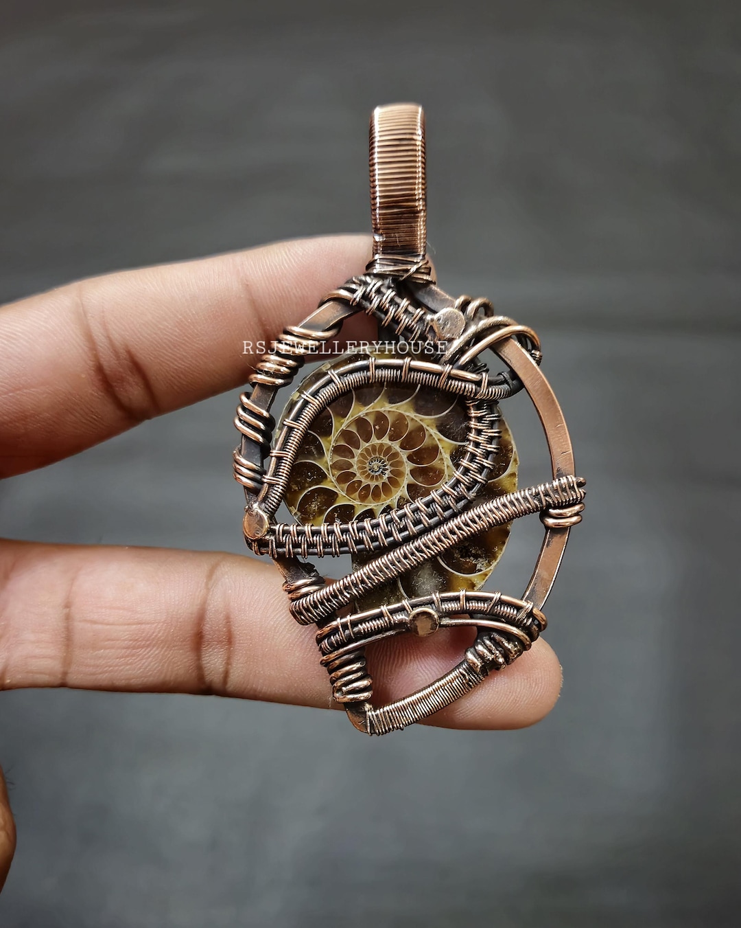 Copper Wire Wrapped Ammonite Fossil Pendant, Handmade Gemstone Jewelry ...