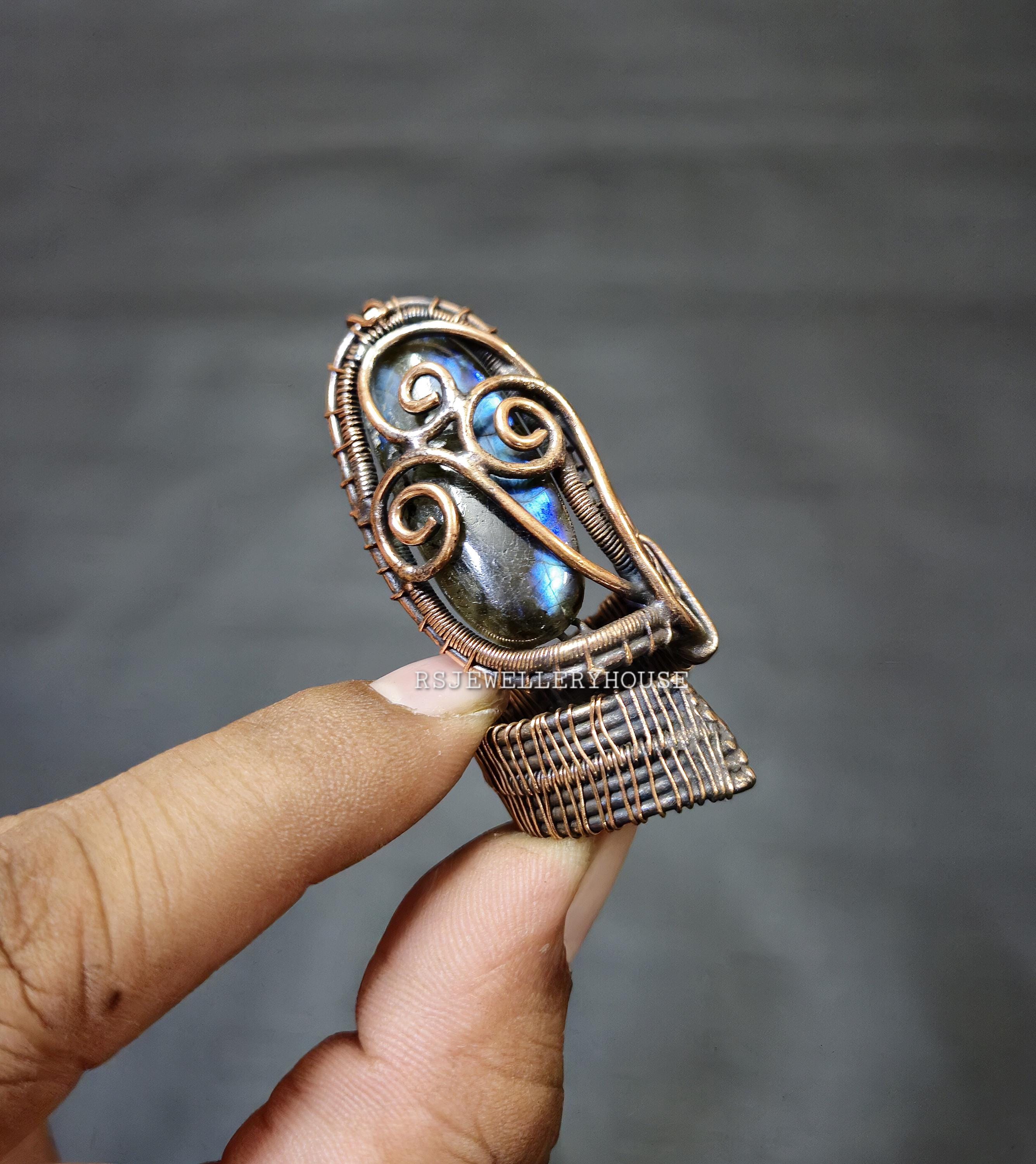 Handmade Copper Wire Wrapped Labradorite Ring, Adjustable Gemstone ...