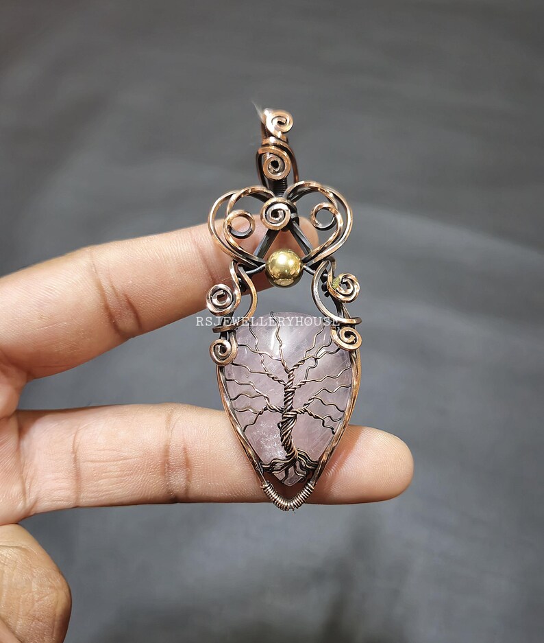 Tree of Life Rose Quartz Gemstone Pendant Copper Wire Wrapped Pendant ...