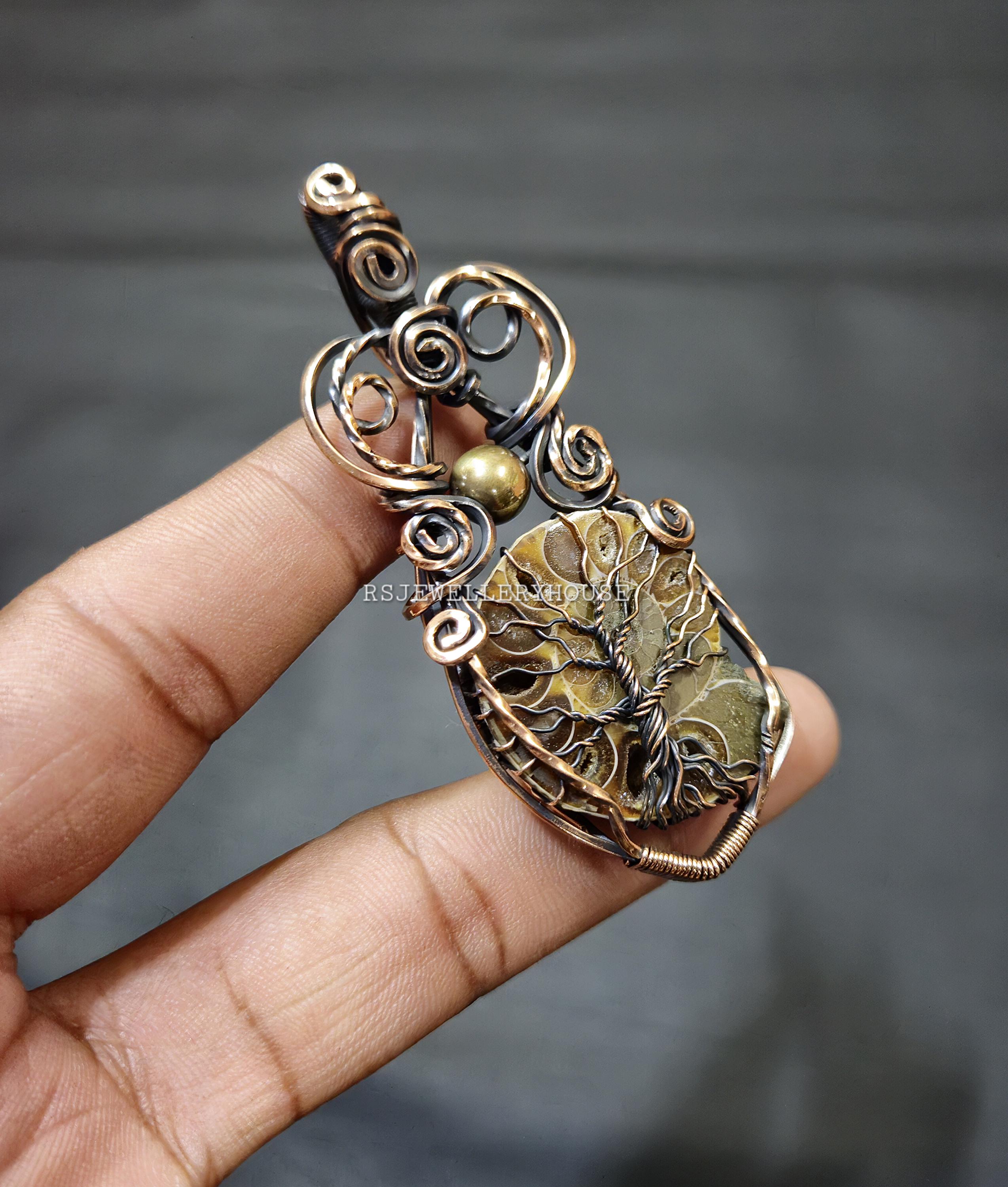 Pretty Ammonite Fossil Tree of Life Pendant Copper Wire Wrapped Pendant ...