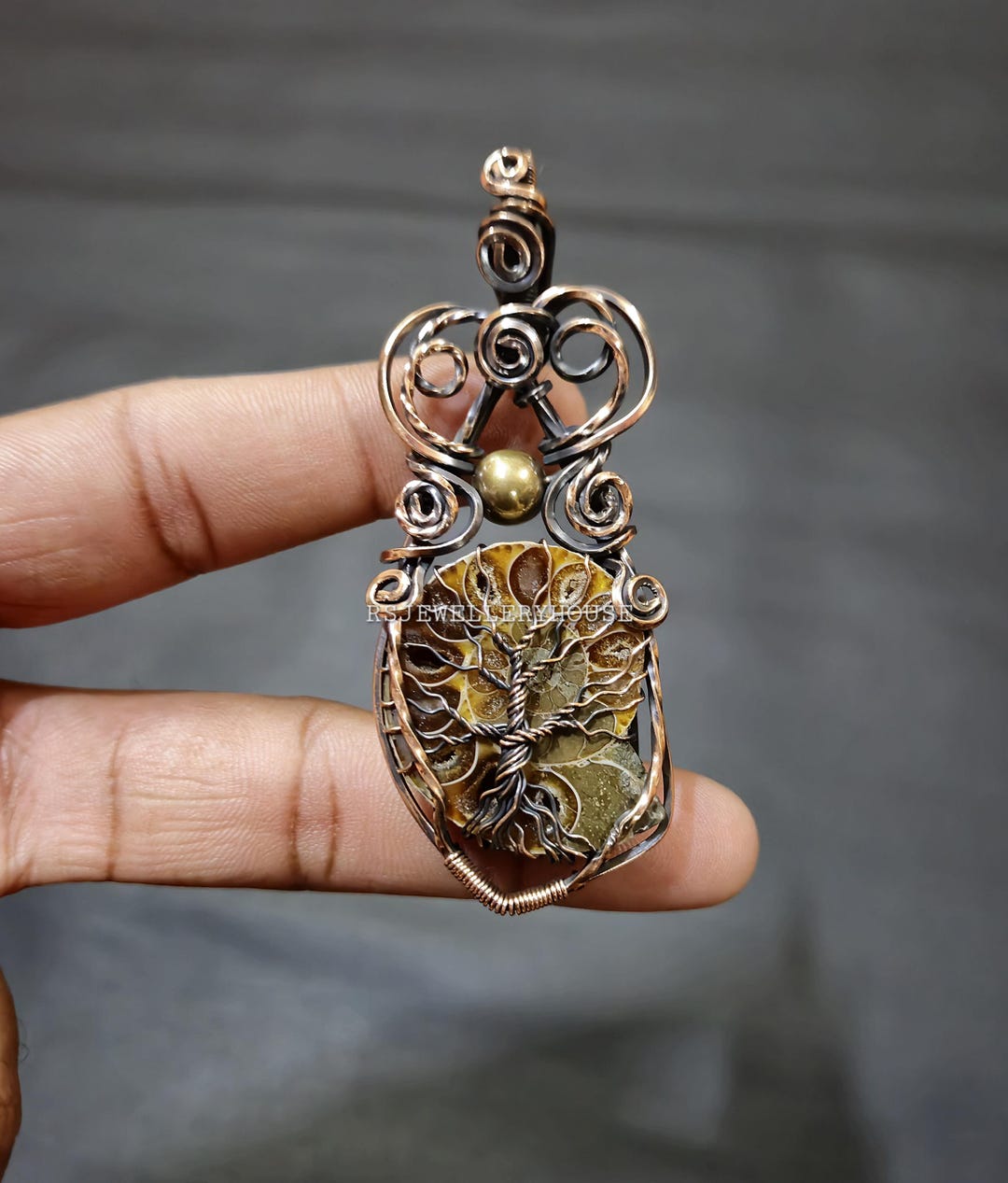 Pretty Ammonite Fossil Tree of Life Pendant Copper Wire Wrapped Pendant ...