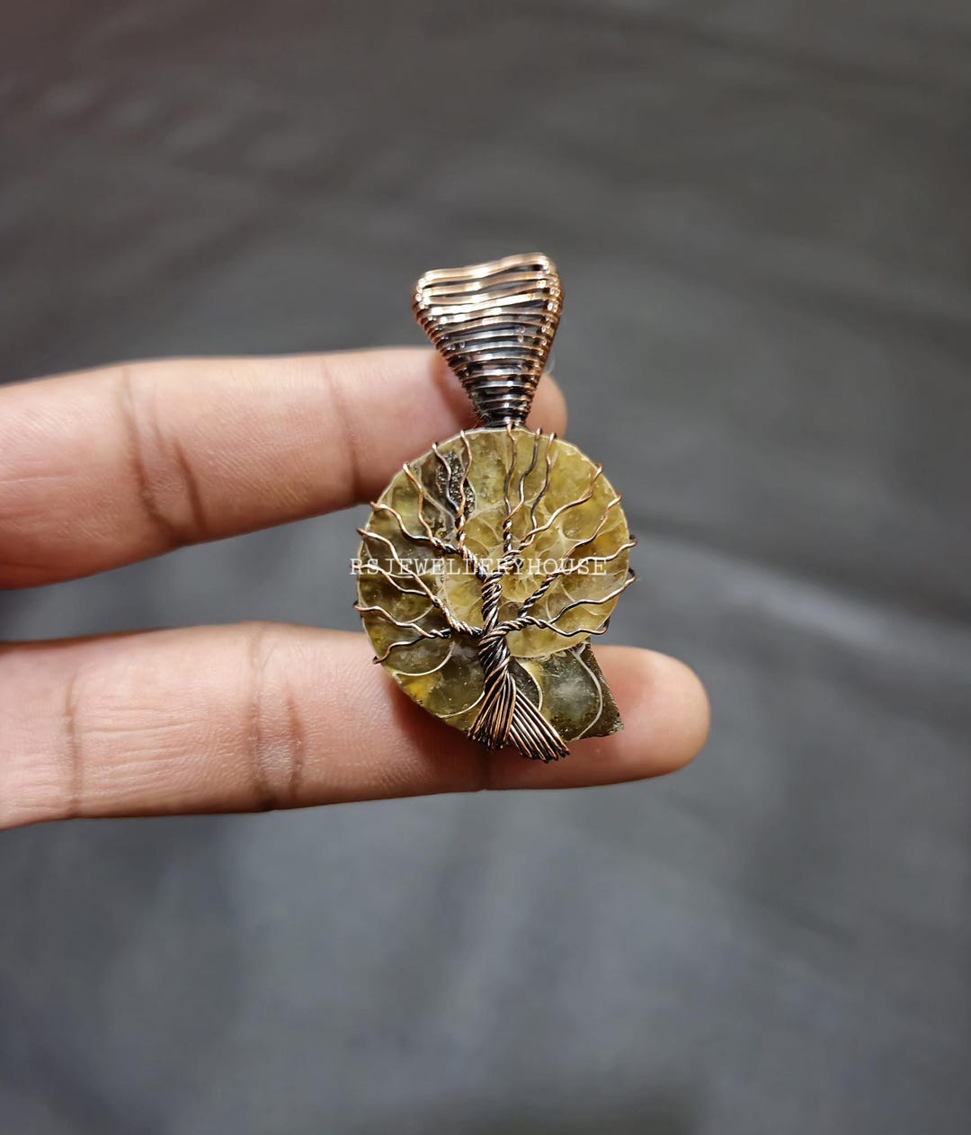 Tree of Life Ammonite Fossil Gemstone Pendant Copper Wire Wrapped ...