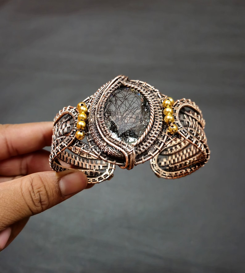 Black Rutile Quartz Wire Wrapped Bangle Copper Wrap Bracelet Adjustable Cuff Bangle Handmade ...