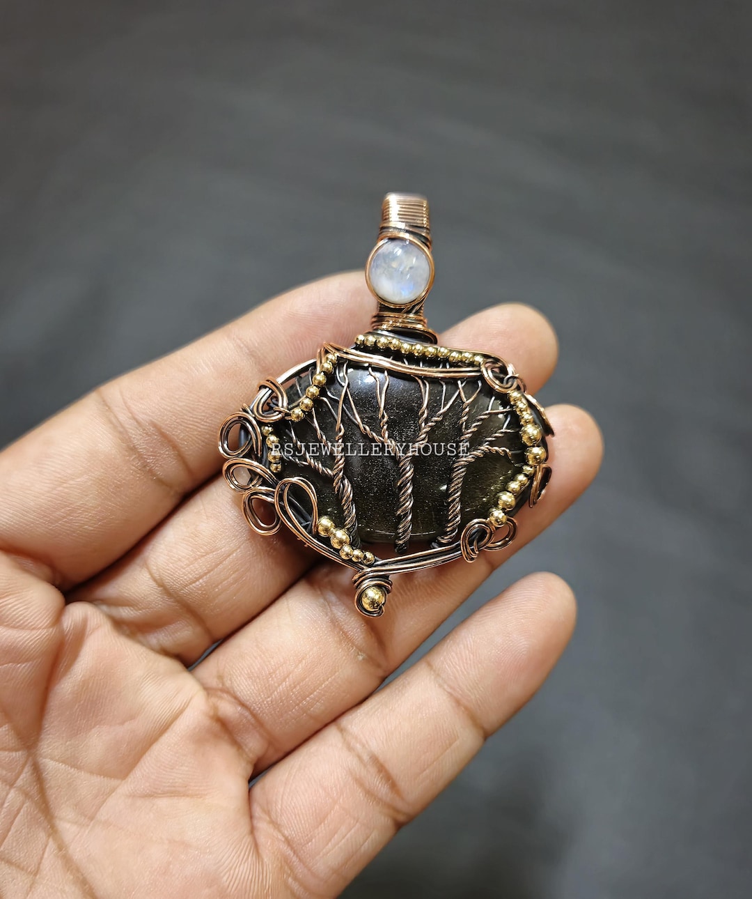 Handmade Silver Sheen Obsidian Tree of Life Pendant: Moonstone Copper ...