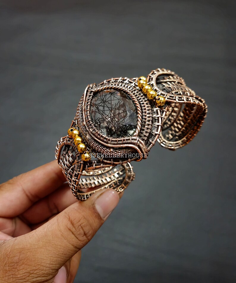 Black Rutile Quartz Wire Wrapped Bangle Copper Wrap Bracelet Adjustable Cuff Bangle Handmade ...