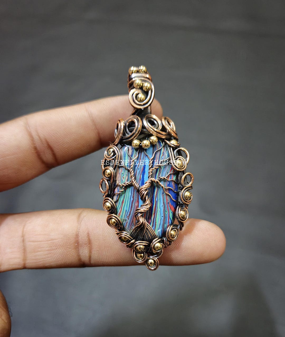 Tree of Life Rainbow Calsilica Pendant Copper Wire Wrapped Gemstone ...