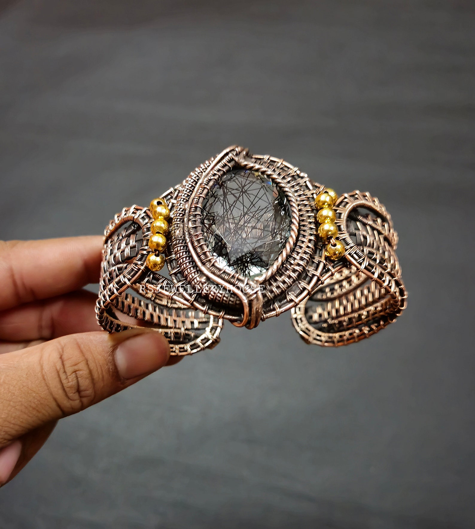 Black Rutile Quartz Wire Wrapped Bangle Copper Wrap Bracelet Adjustable ...