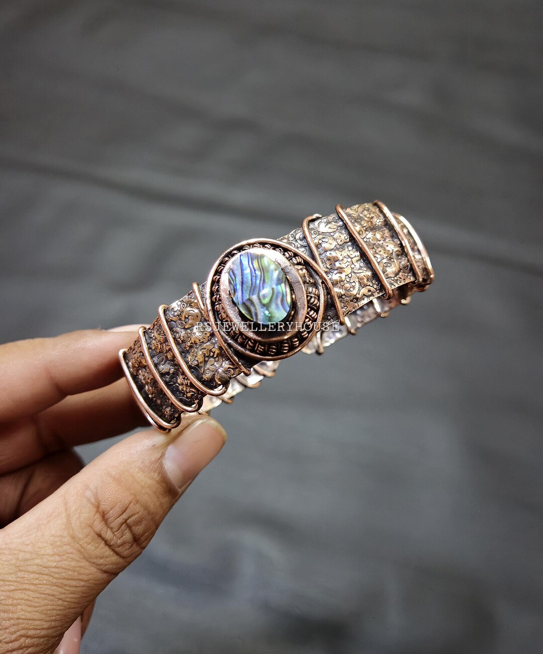 Abalone Shell Copper Cuff Bangle Wire Wrapped Jewelry Adjustable Bangle ...