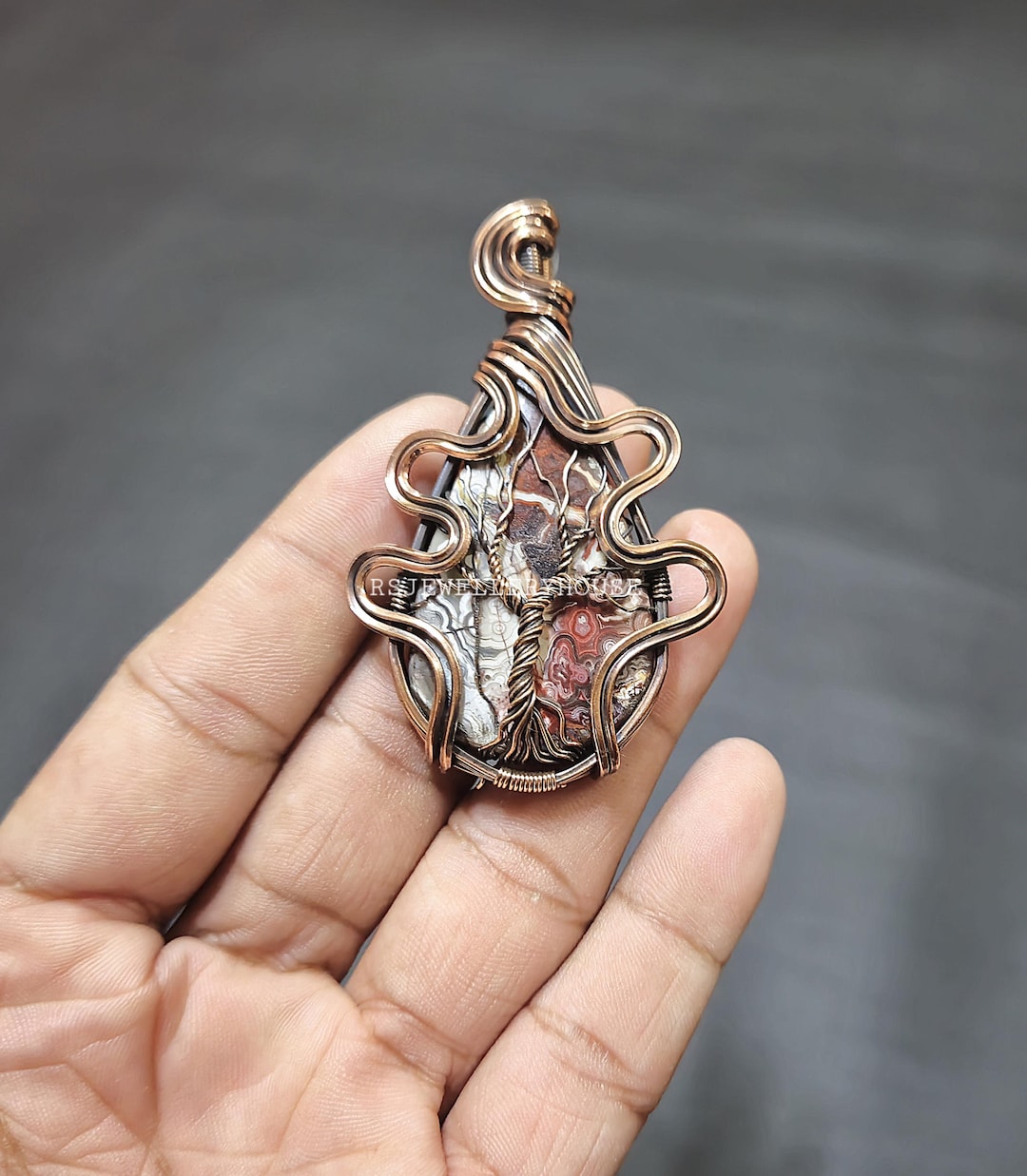 Crazy Lace Agate Pendant Tree of Life Jewelry Wire Wrapped Necklace Top ...
