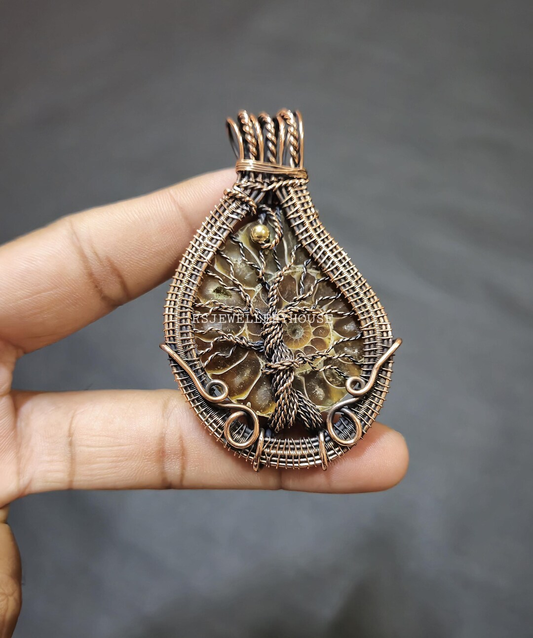 Ammonite Fossil Life of Tree Pendant Copper Wire Wrapped Fossil ...
