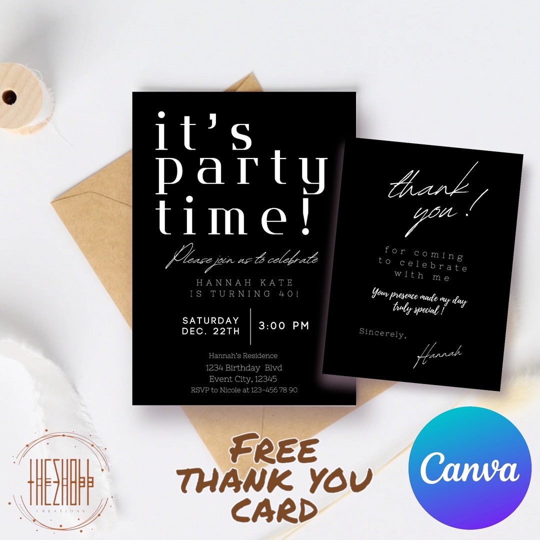 It's Party Time Modern Black Birthday Invitation | Minimalist Birthday ...