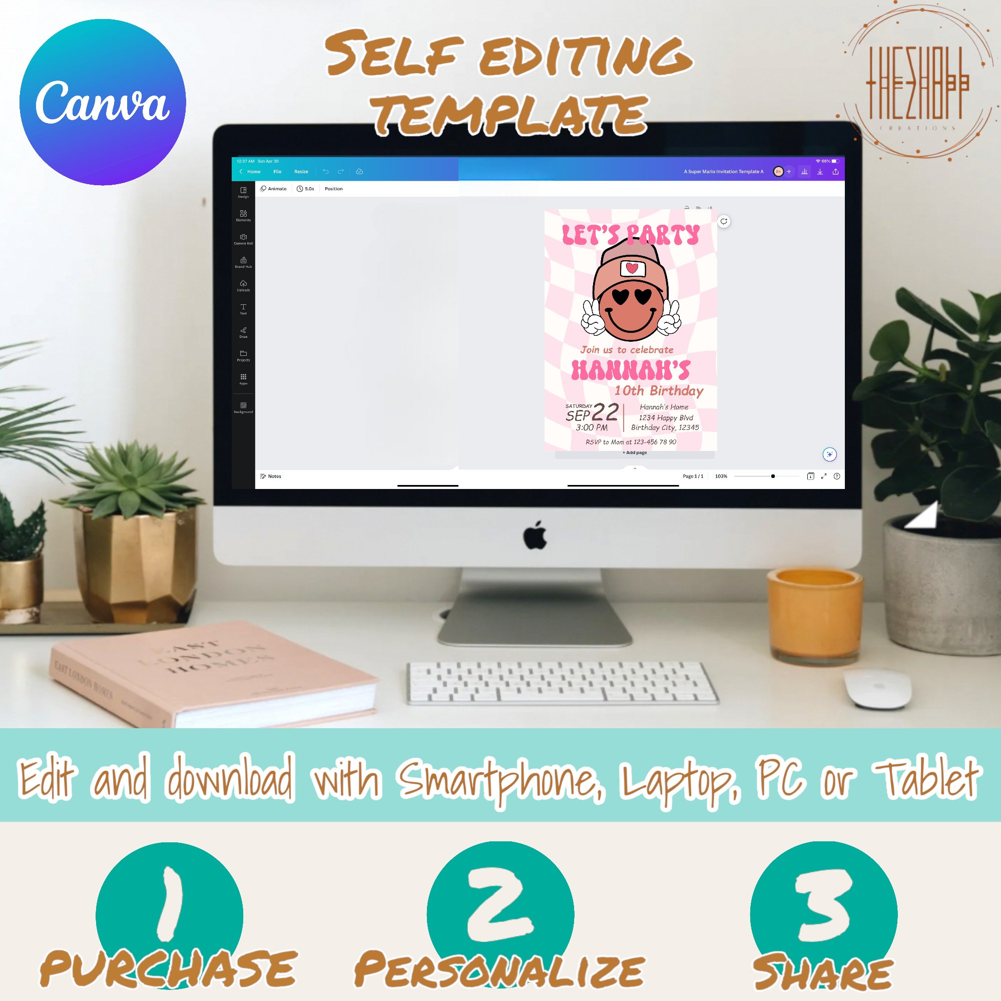 Pink Birthday Invitation for Girls Smiley Face Birthday Fun Modern ...