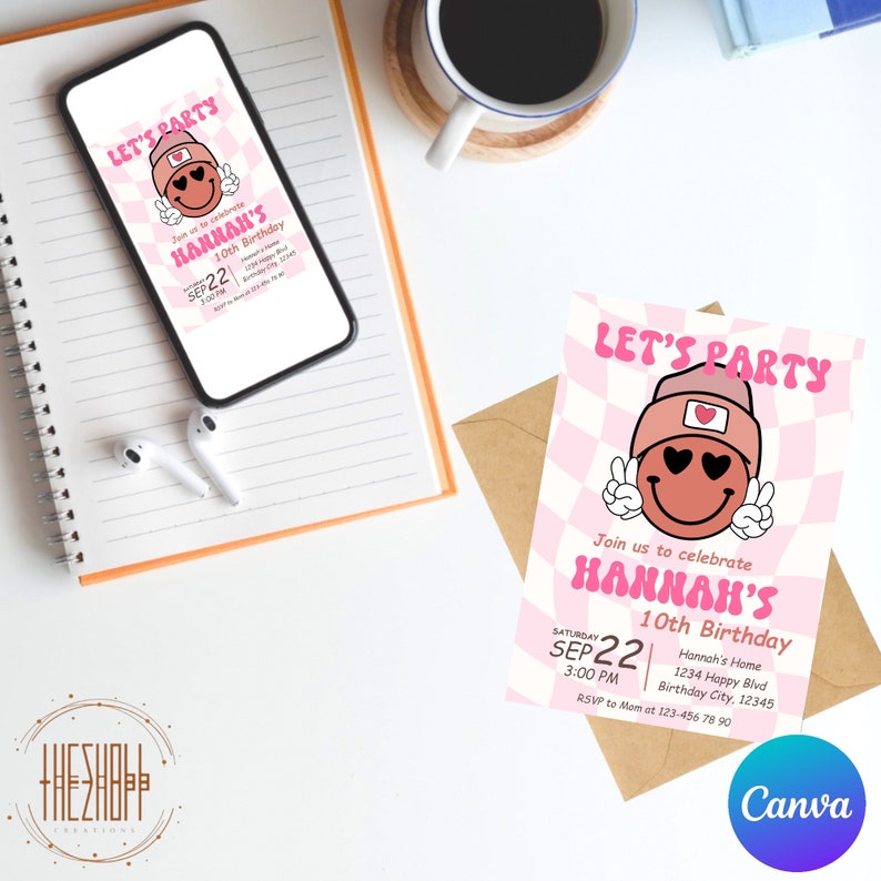 Pink Birthday Invitation for Girls Smiley Face Birthday Fun Modern ...