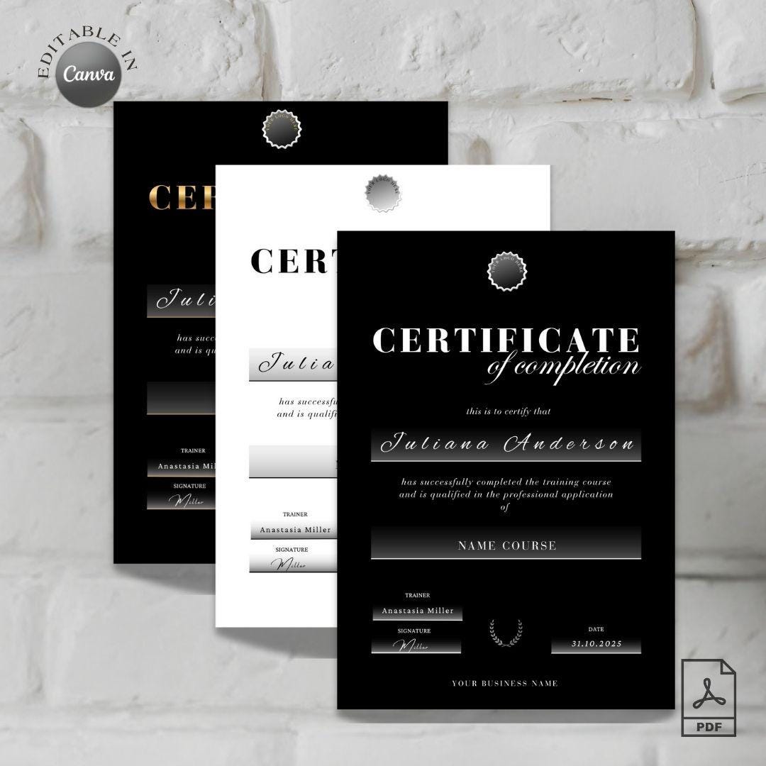 Editable Certificate of Completion Template | Black & Gold Canva Design ...