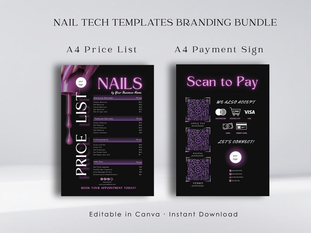 Pink Nail Tech Branding Bundle, Price List, Payment Sign, Canva ...