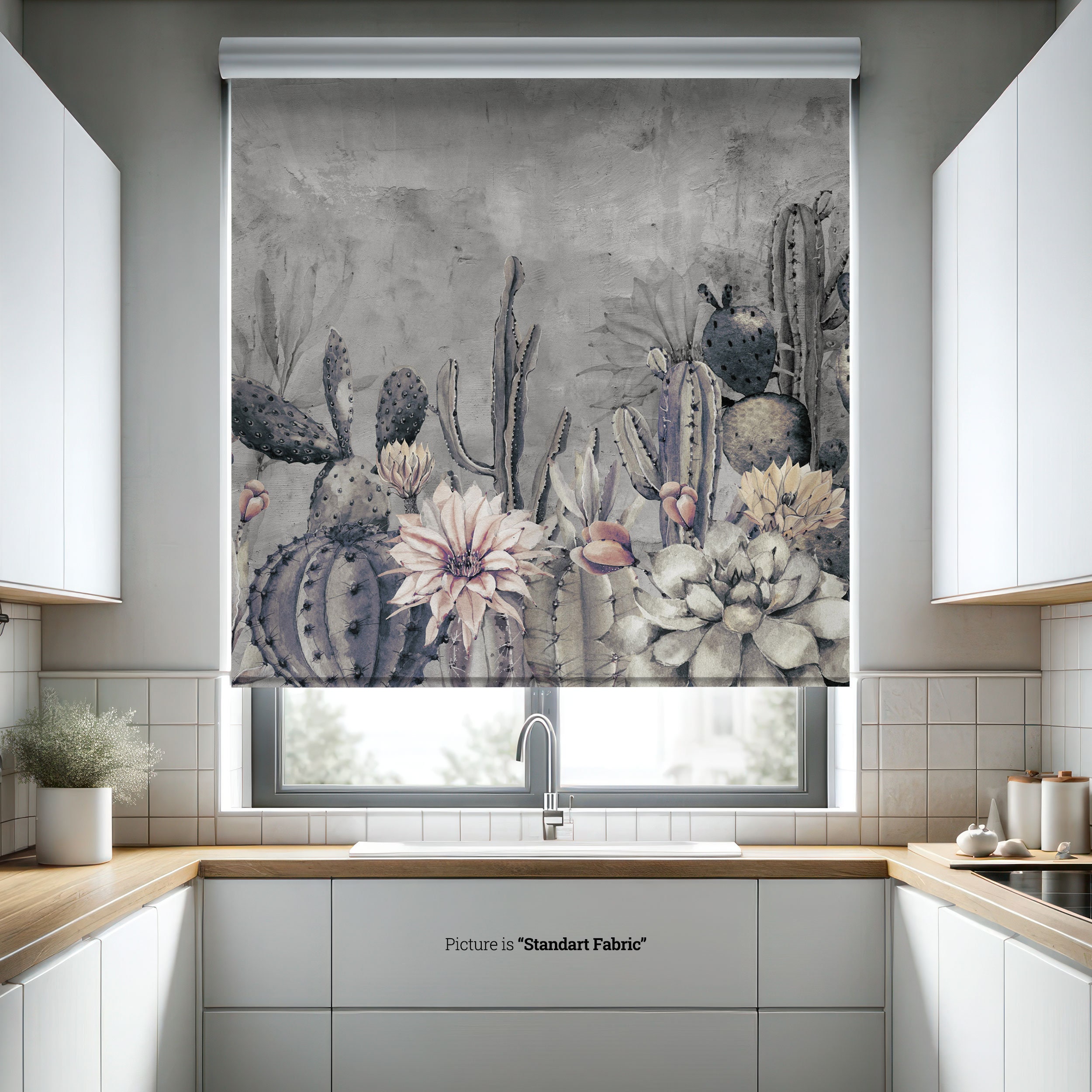 Floral Landscape Printed Roller Blind, Cactus Patterned Roller Shade for Kitchen, Vintage Retro ...