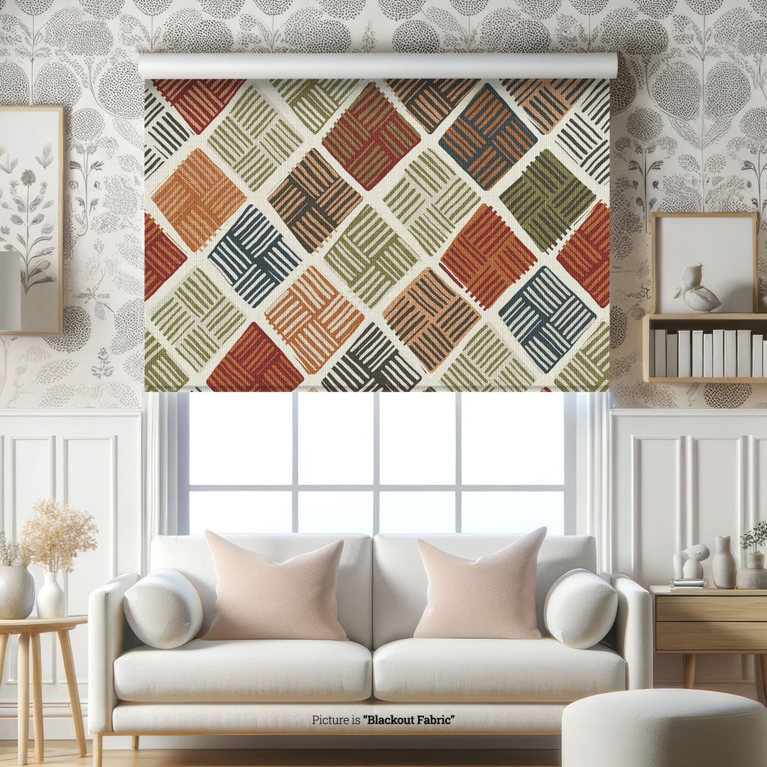 Geometric Pattern Printed Roller Shade, Square Lines Roller Blinds for Living Room, Bohemian ...