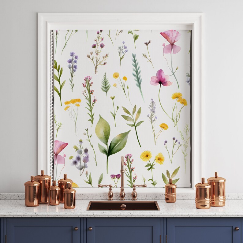 Botanical Printed Roller Blind, Kitchen Floral Patterned Roller Shade ...
