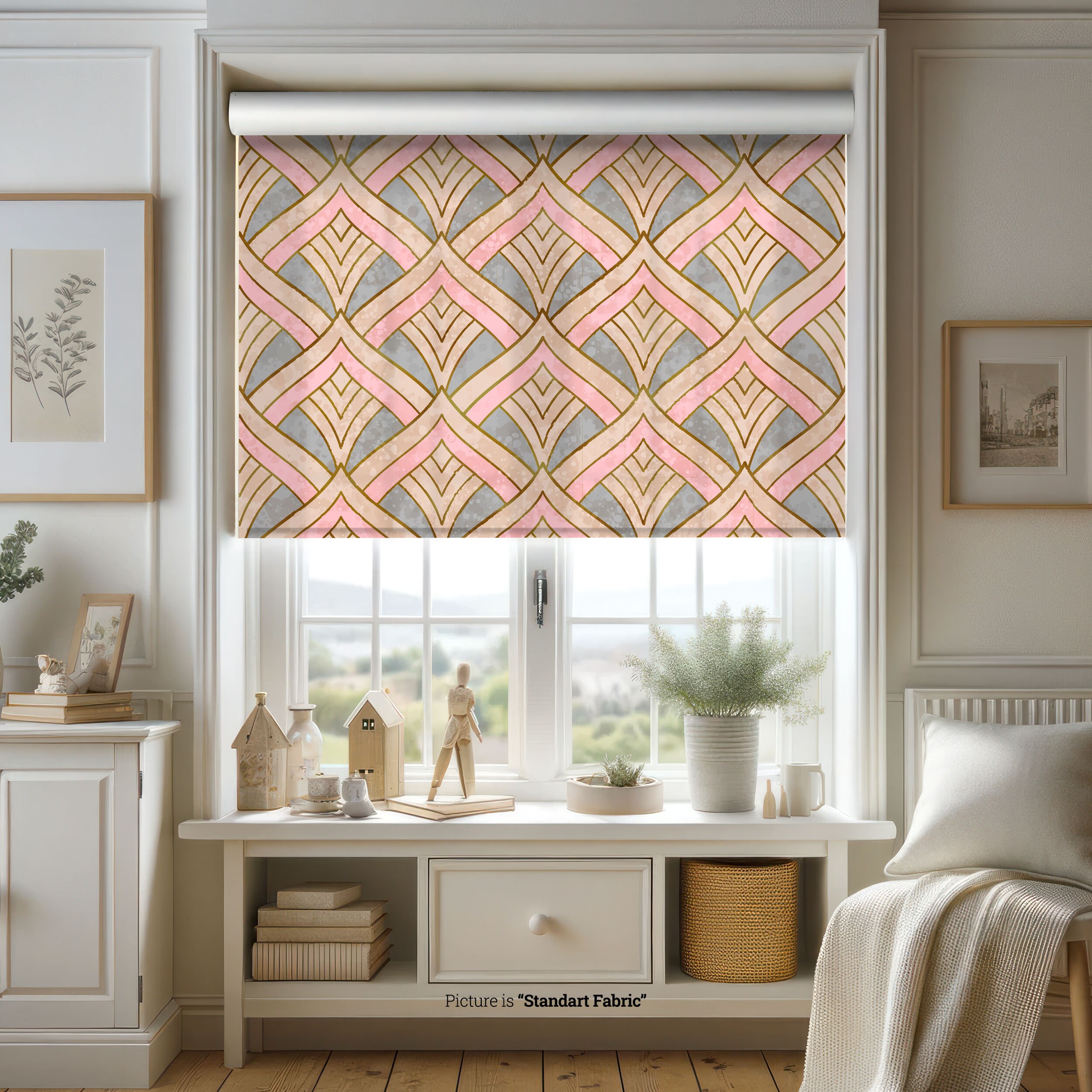 Pink Art Deco Pattern Roller Shades, Luxury 1920s Geometric Asian Style ...