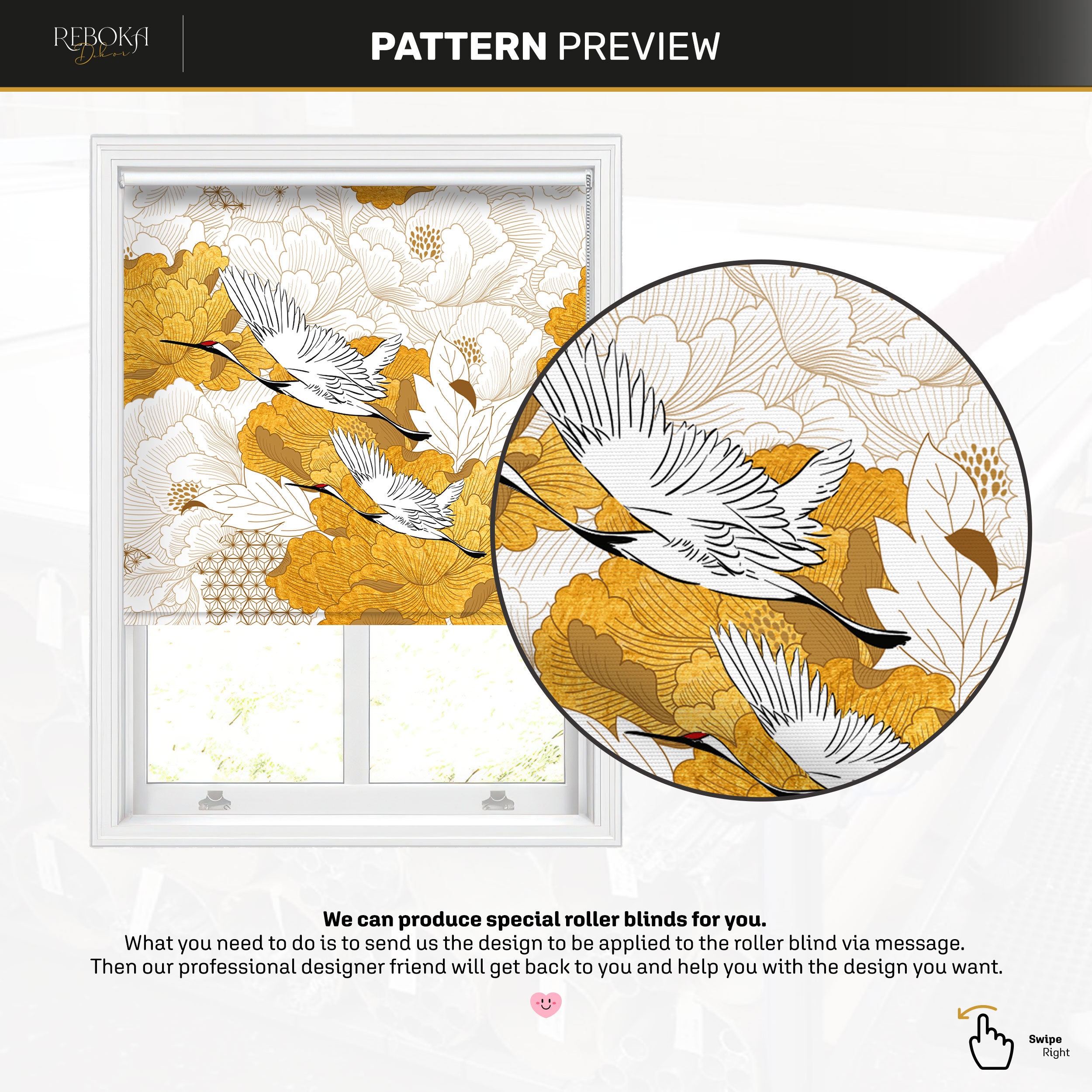 Chinese Crane Birds Roller Shades, Golden Luxury Home Decor Blinds ...