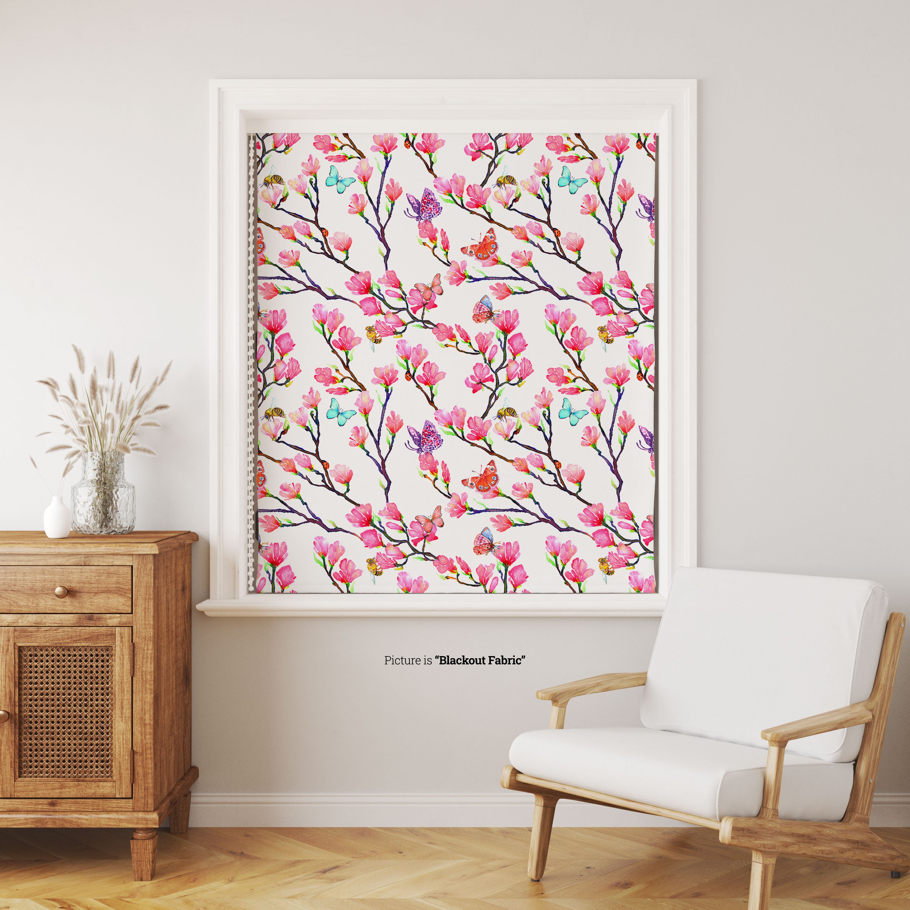 Pink Floral Roller Shades, Butterflies Fluttering in Flowers Roller ...