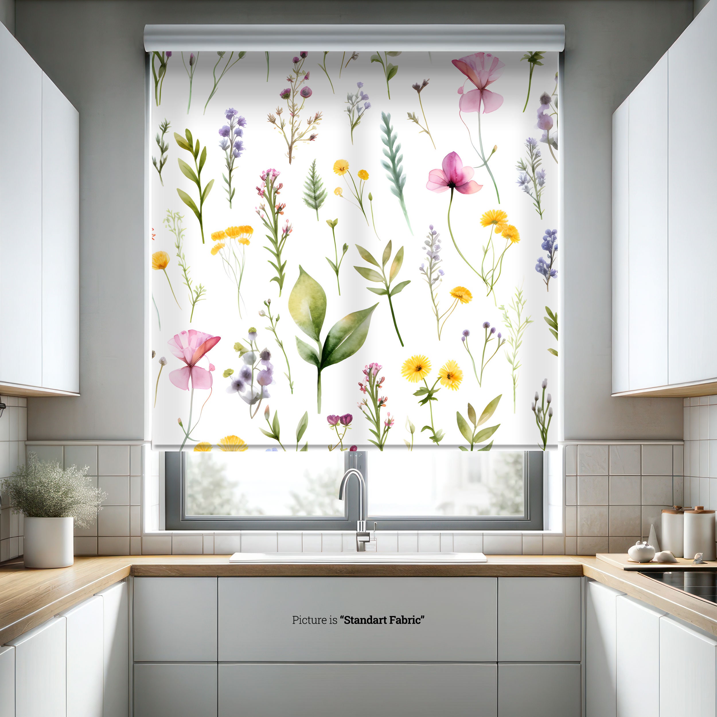 Botanical Printed Roller Blind, Kitchen Floral Patterned Roller Shade ...