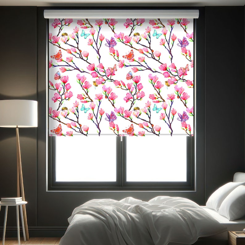 Pink Floral Roller Shades, Butterflies Fluttering in Flowers Roller ...