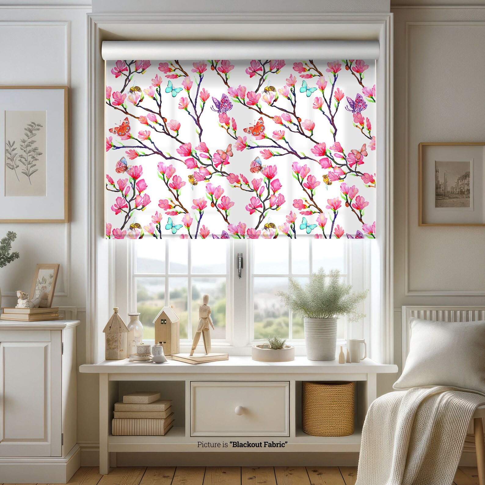 Pink Floral Roller Shades, Butterflies Fluttering in Flowers Roller ...