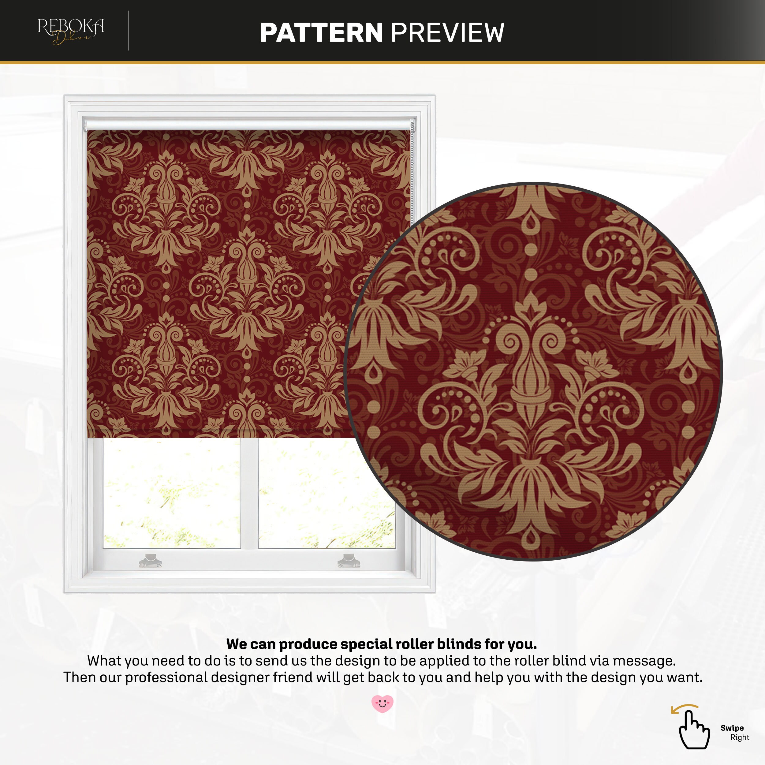 Red Damask Patterned Roller Shades for Home Window Decor, Ornamental ...