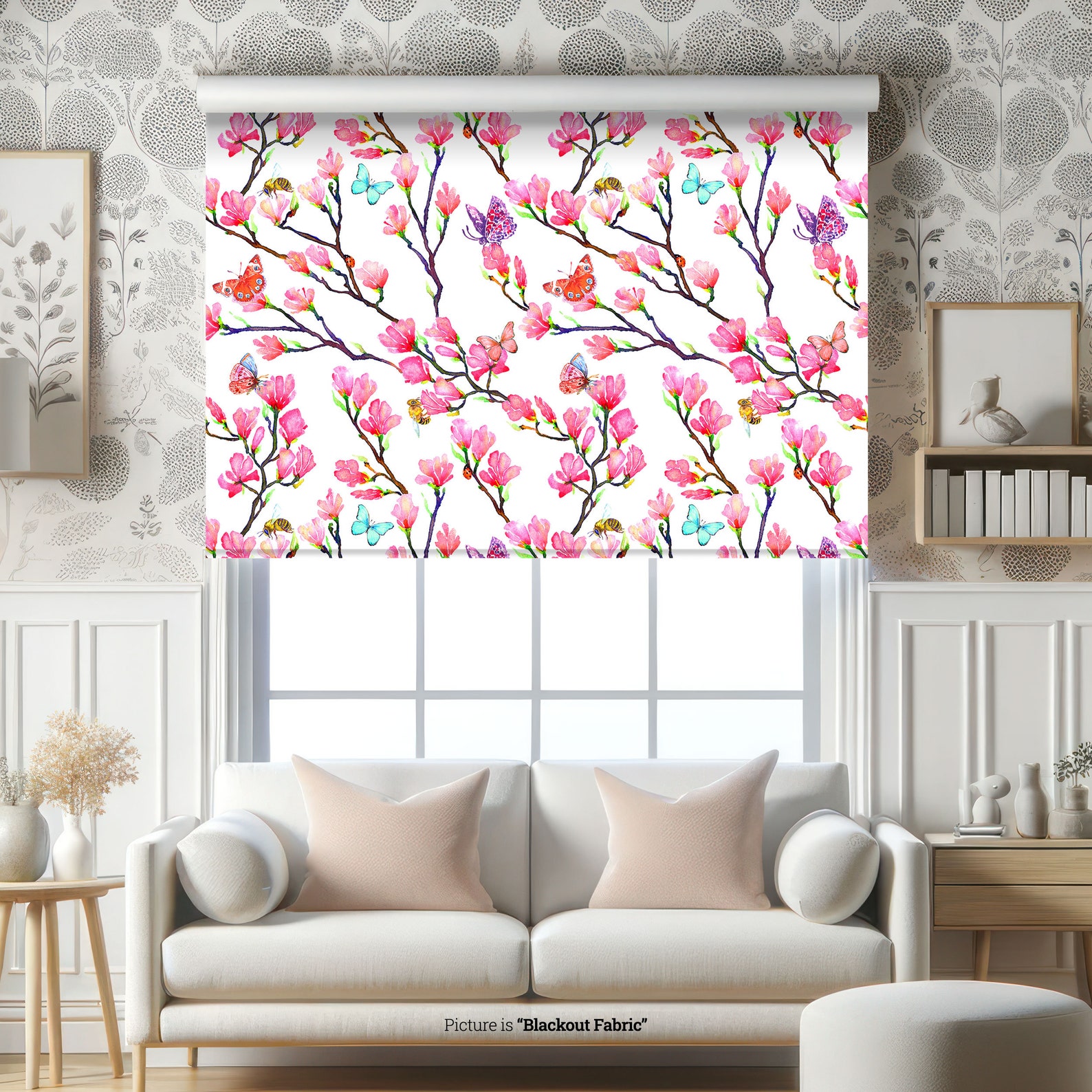 Pink Floral Roller Shades, Butterflies Fluttering in Flowers Roller ...