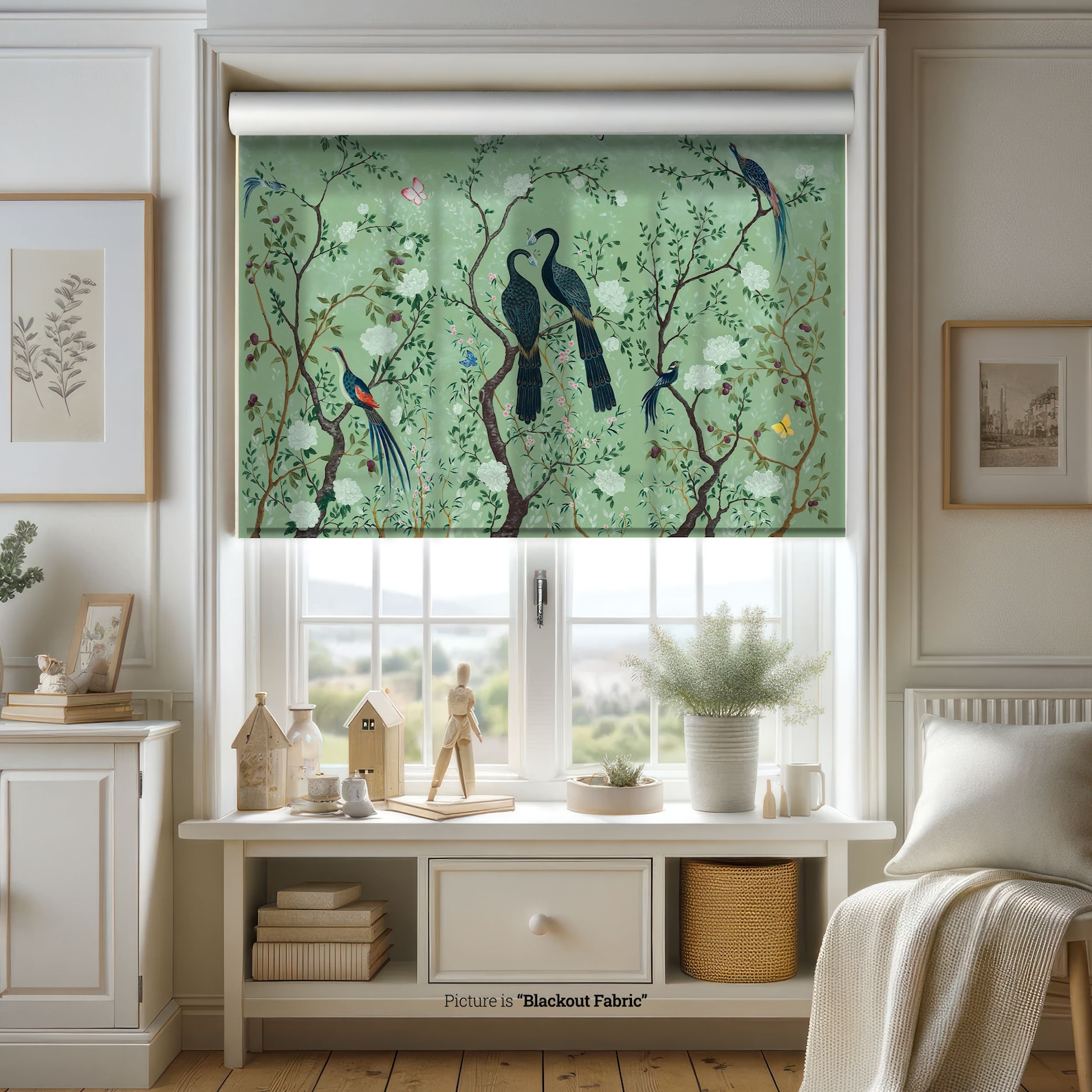 Green Peacock Roller Blinds, Printed Chinoiserie Mural Art Retro Roller ...