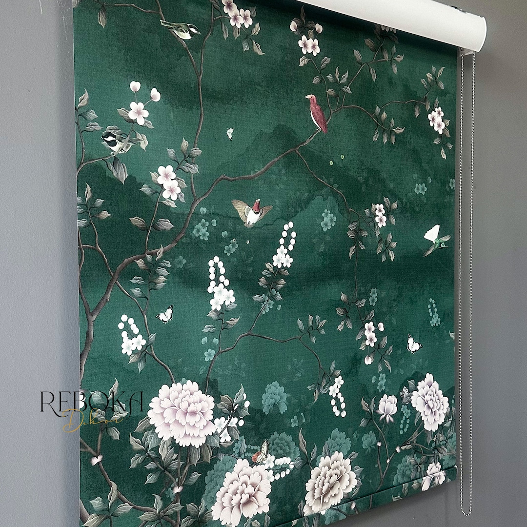 Floral and Birds Roller Blind, Green Roller Shade for Living Room ...