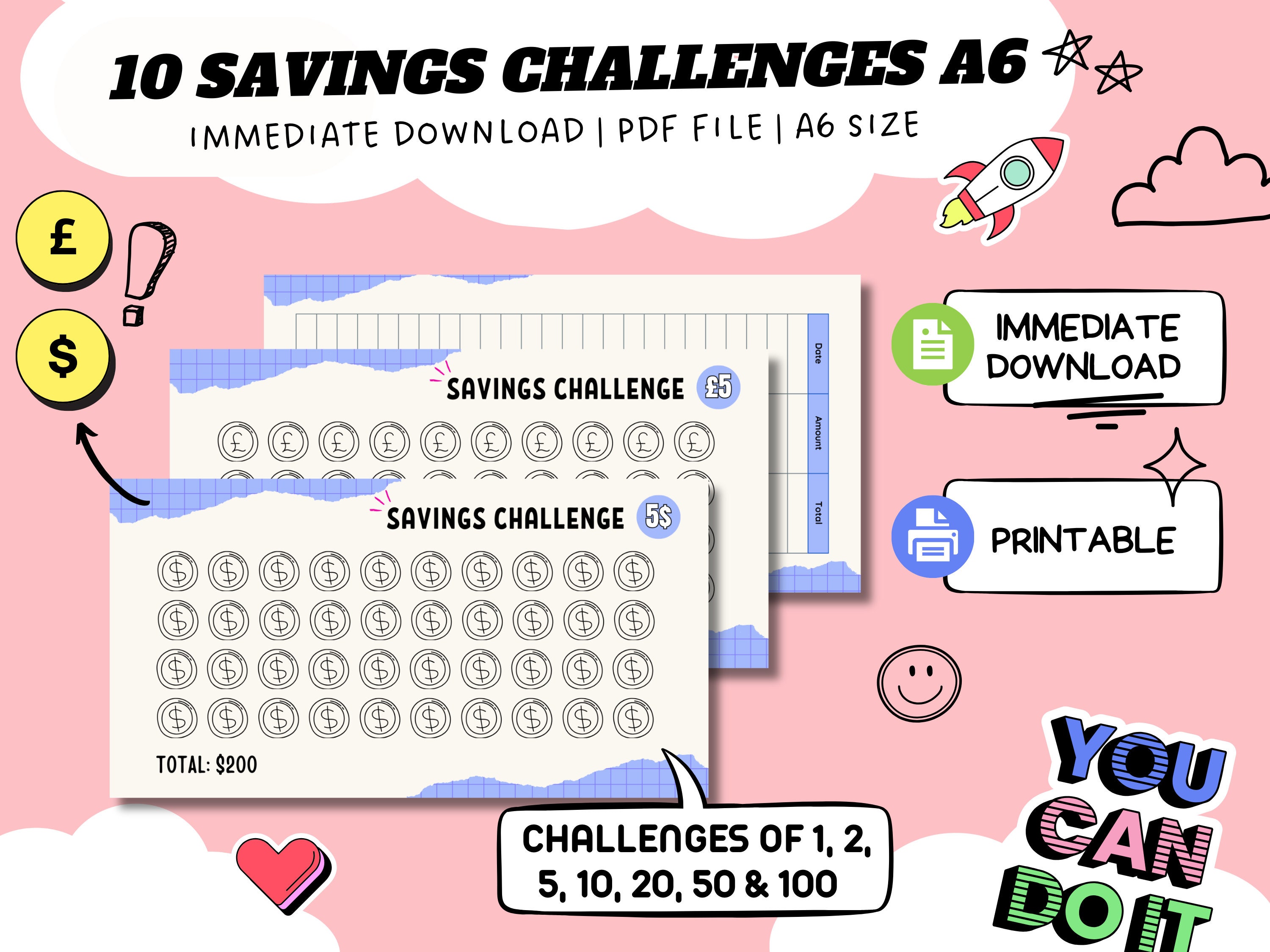 10 Printable Savings Challenges | Saving Tracker Bundle in Dollars or ...