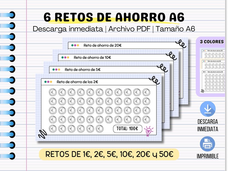 6 Retos de Ahorro Imprimibles Pack de 6 Desafíos de Ahorro en Euros Podrás ahorrar desde 50 ...