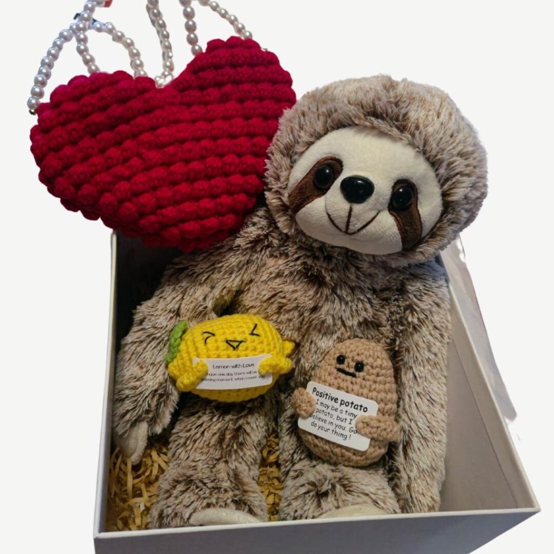 Gift Box With Stuffed Animal Sloth and Crochet Potato and Lemon With ...