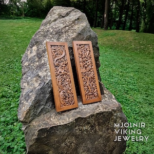 Sigurd and Fafnir Viking Wall Panel Set: Oak Wood Decor, Hylestad Stave ...
