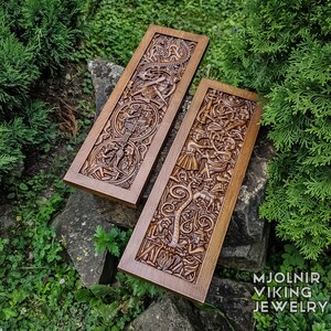 Sigurd and Fafnir Viking Wall Panel Set: Oak Wood Decor, Hylestad Stave ...