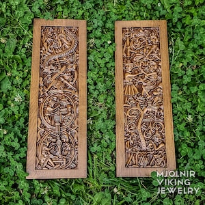 Sigurd and Fafnir Viking Wall Panel Set: Oak Wood Decor, Hylestad Stave ...