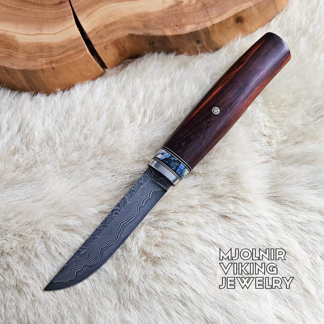 Damascus Steel Viking Knife With Desert Ironwood Handle. Decorated With ...