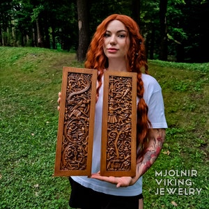 Sigurd and Fafnir Viking Wall Panel Set: Oak Wood Decor, Hylestad Stave ...